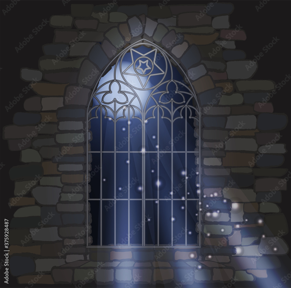Ornate gothic window a stone house. Magic moonlight wallpaper. vector ...