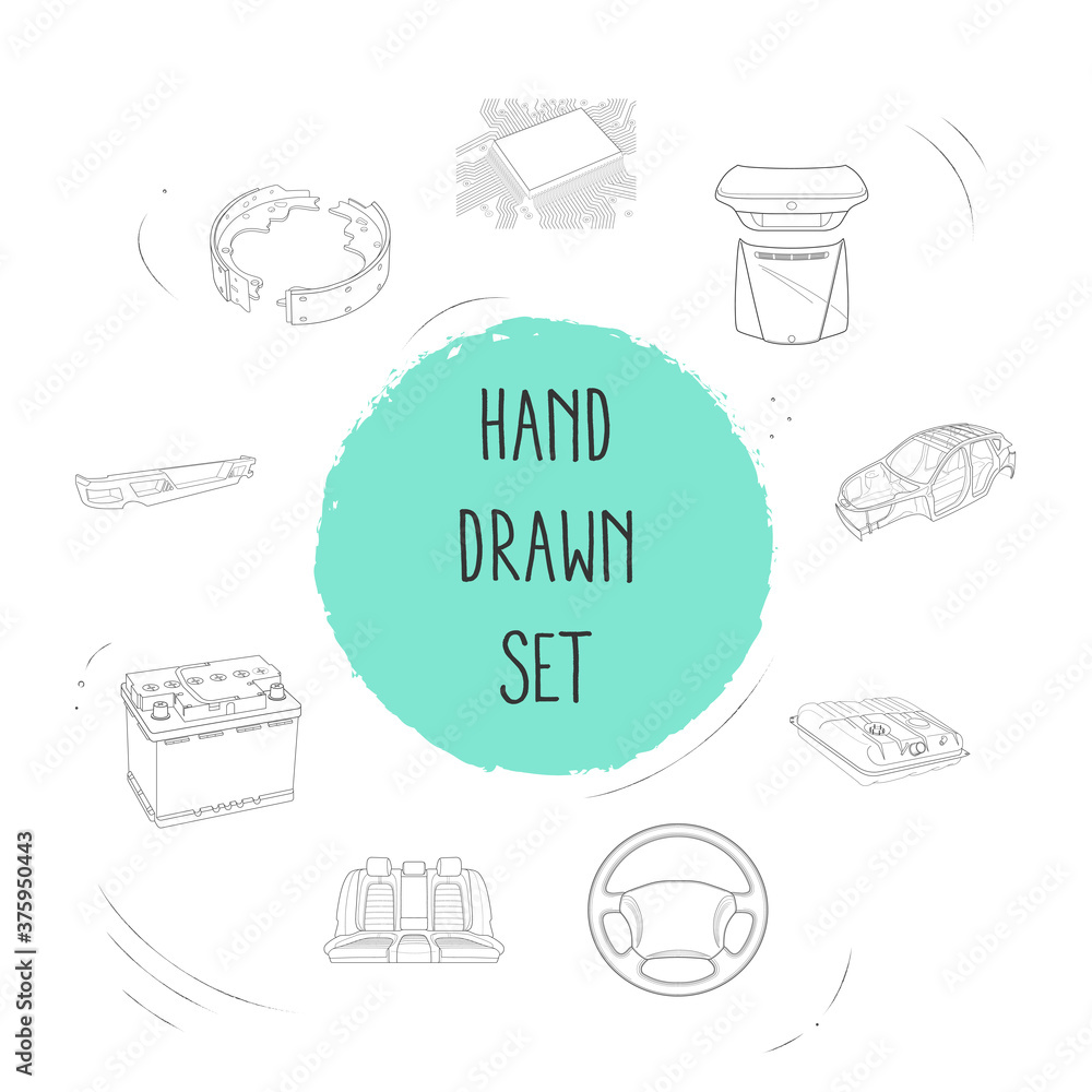 Set of vehicle icons line style symbols with car frame, car brake shoe ...