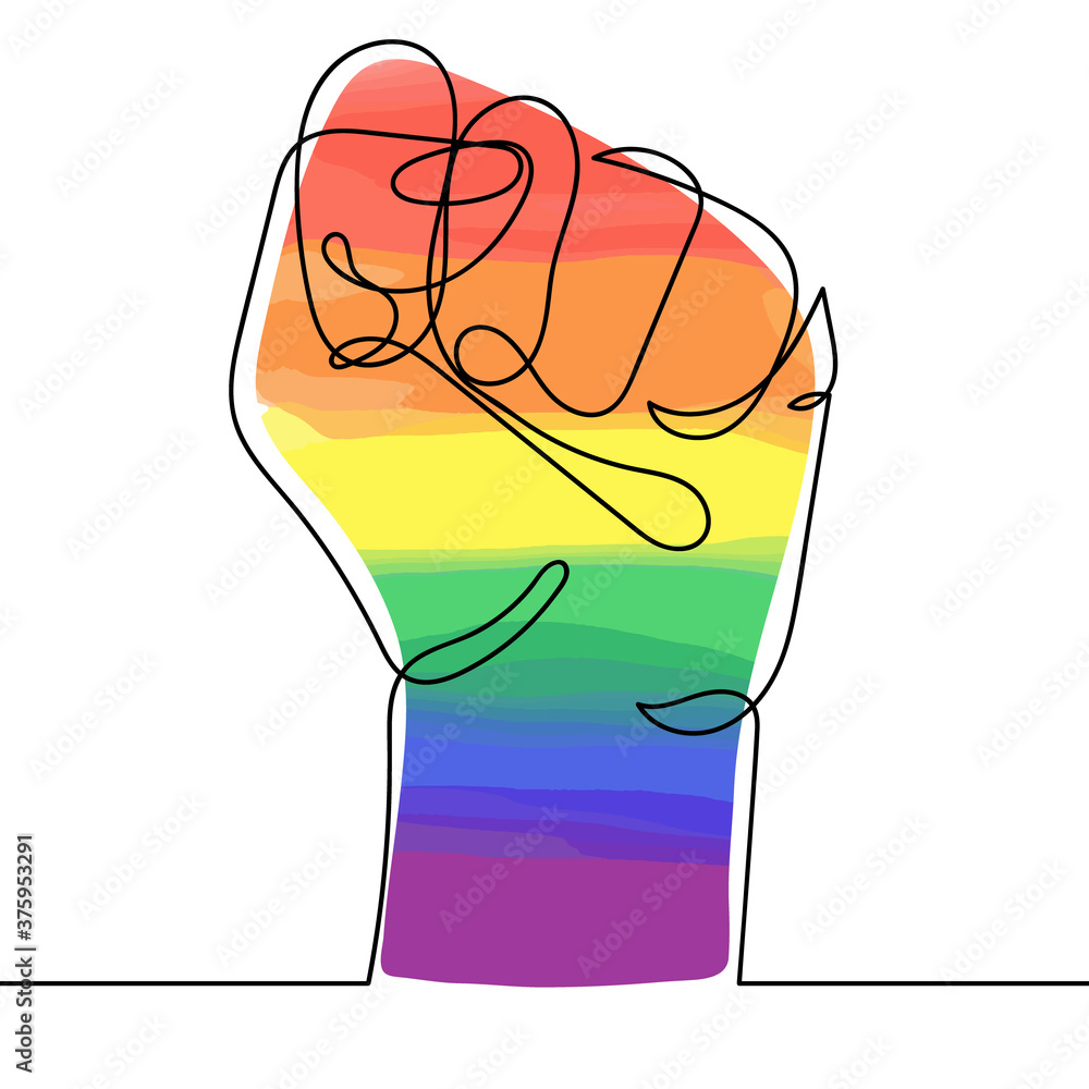 Continuous line drawing of rainbow colored strong fist raised up. Human ...