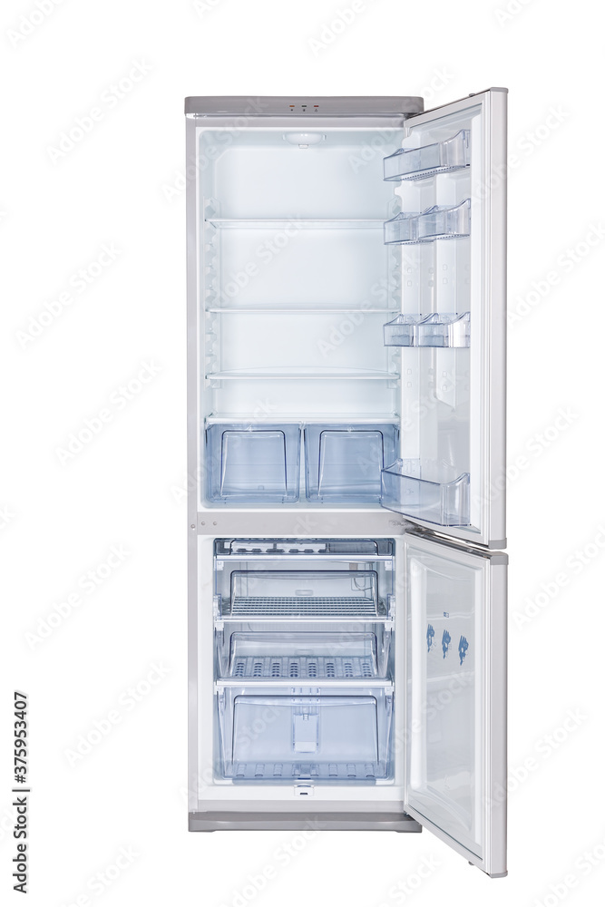 Open an empty mini fridge Refrigerator Isolated on White Background ...