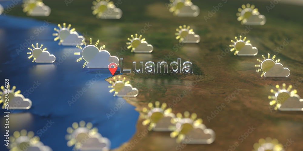 Partly cloudy weather icons near Luanda city on the map, weather ...