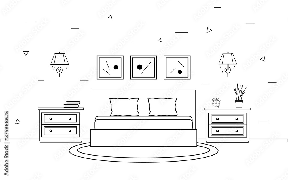 Bedroom interior in line art style. Modern bedroom interior with ...