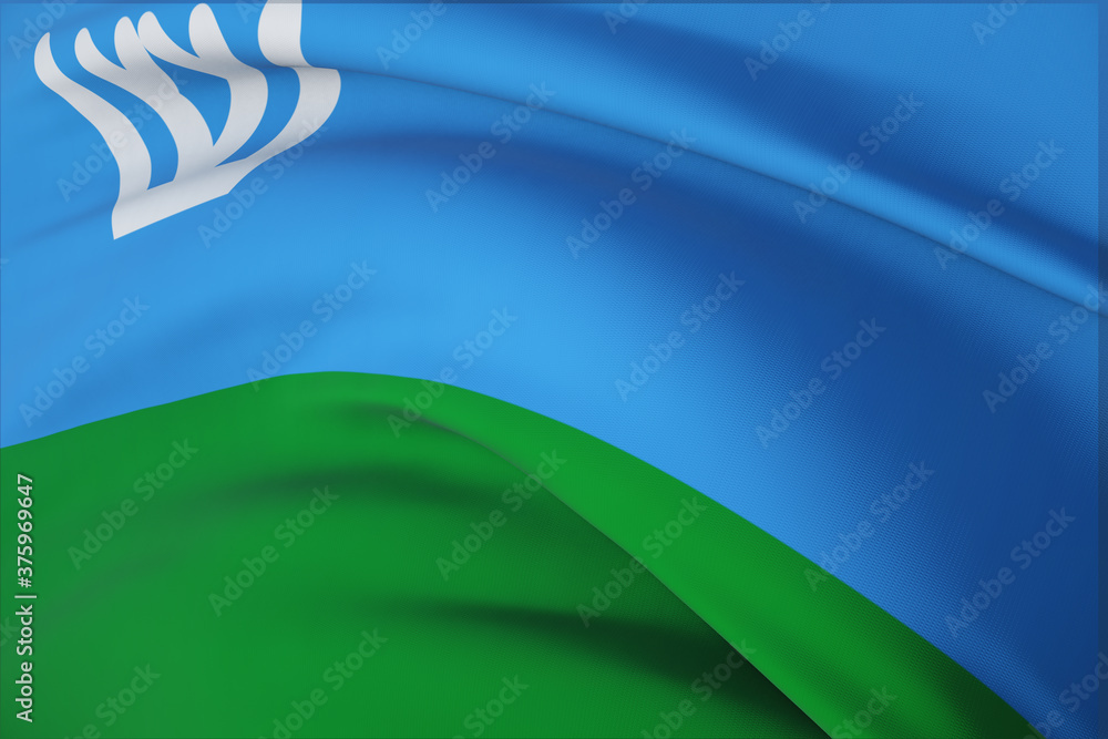 Flag of Khanty-Mansi Autonomous Okrug. 3D illustration close-up flag ...