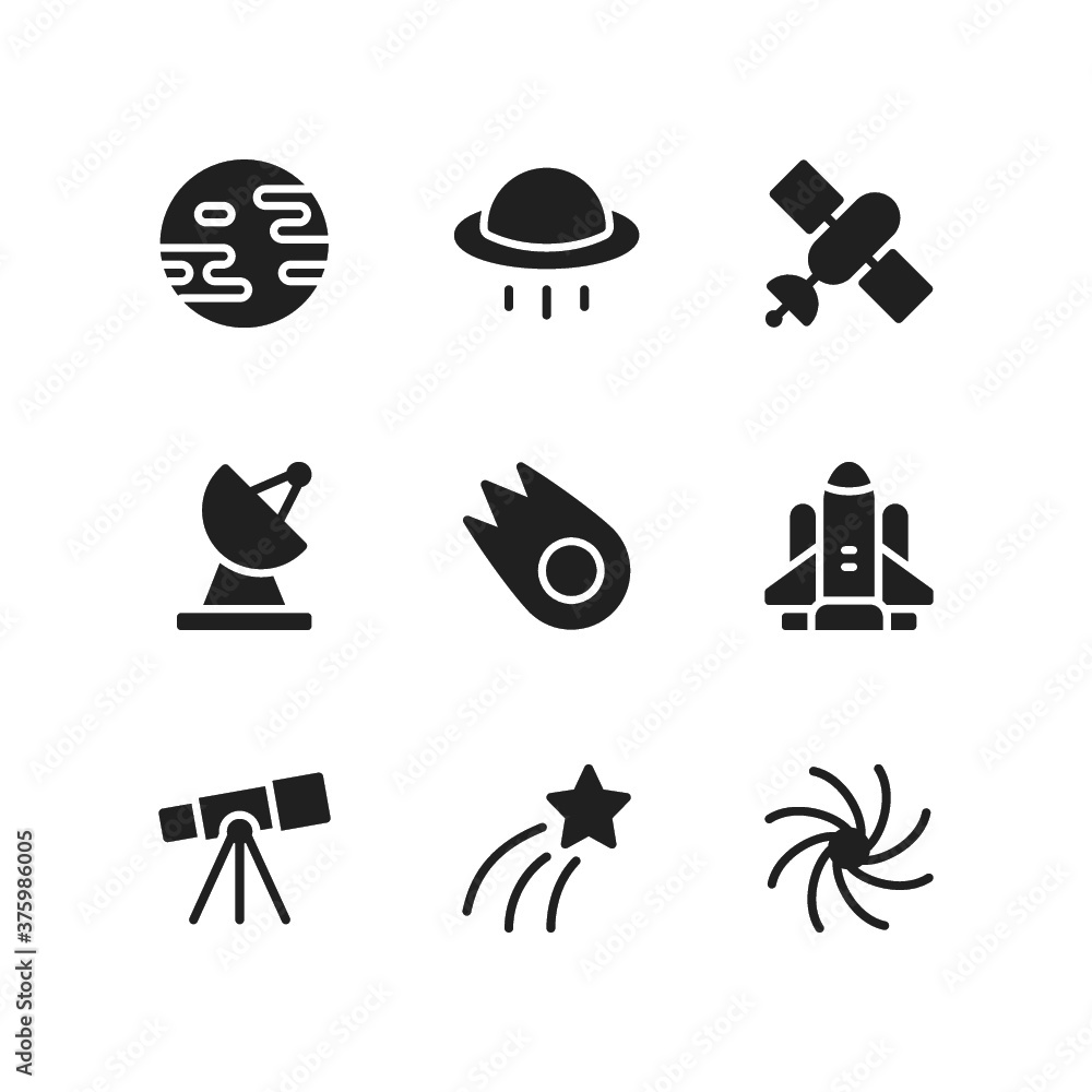 Space icon set including mars, ufo, alien, satellite, radar, meteor ...