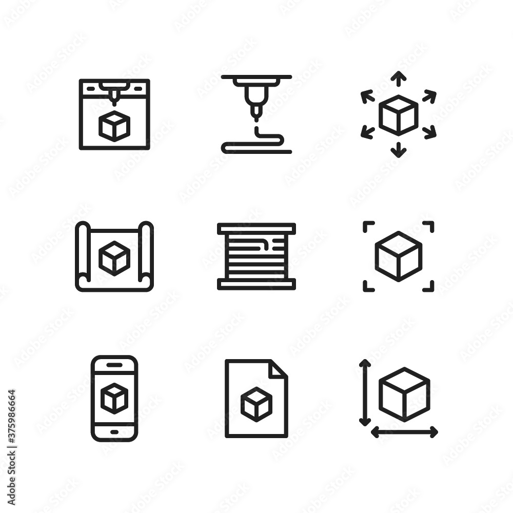 3d printing icon set including printer, manufacturing, modelling ...