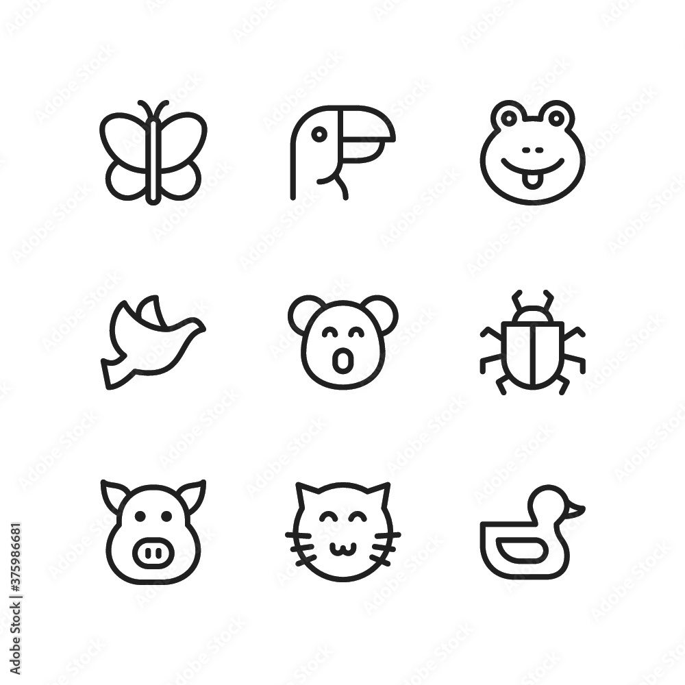 Animal icon set including butterfly, toucan, frog, dove, koala, bug ...