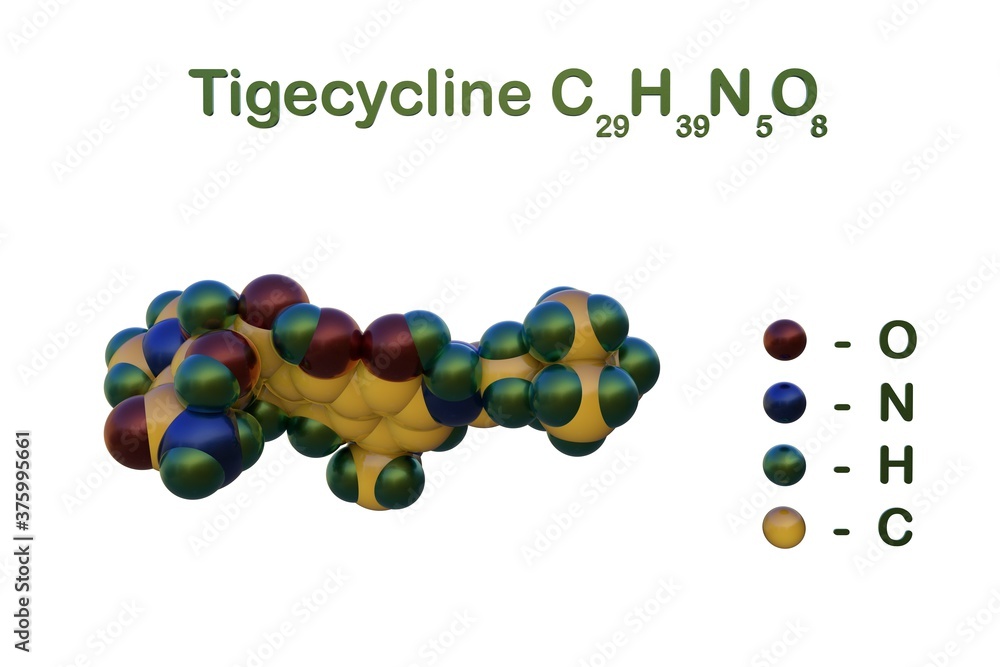 Structural chemical formula and molecular model of tigecycline, a broad ...