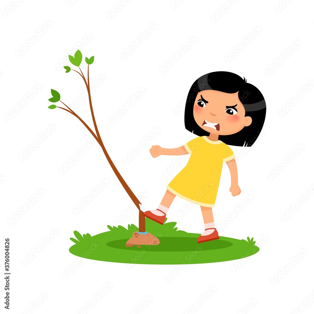 Aggressive boy breaking young tree flat vector illustration. Furious ...