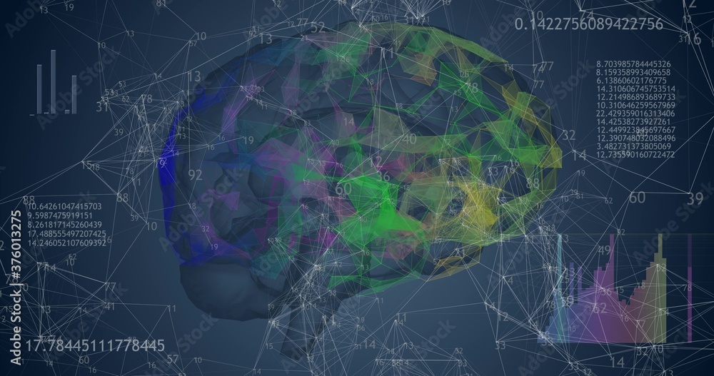 Rotating 360 low polygonal brain 3D model on blue background with ...