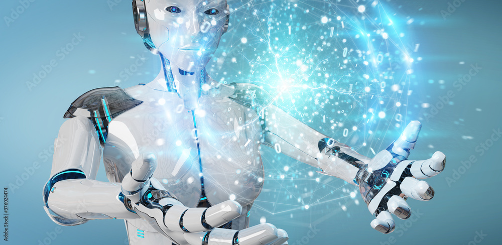 White robot creating renewable and sustainable eco energy with ...
