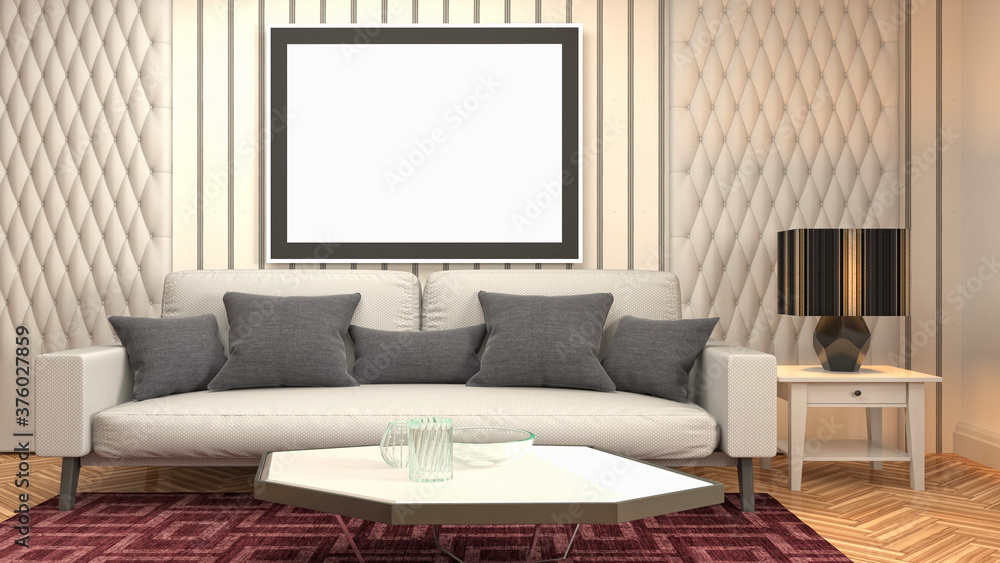 mock up poster frame in interior background. 3D Illustration Stock ...