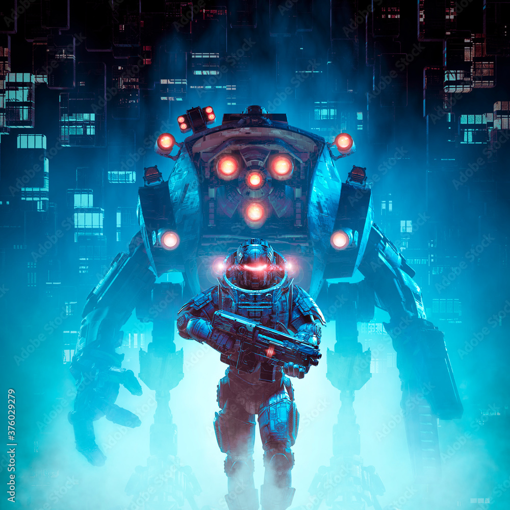 Cyberpunk soldier mech patrol / 3D illustration of science fiction ...