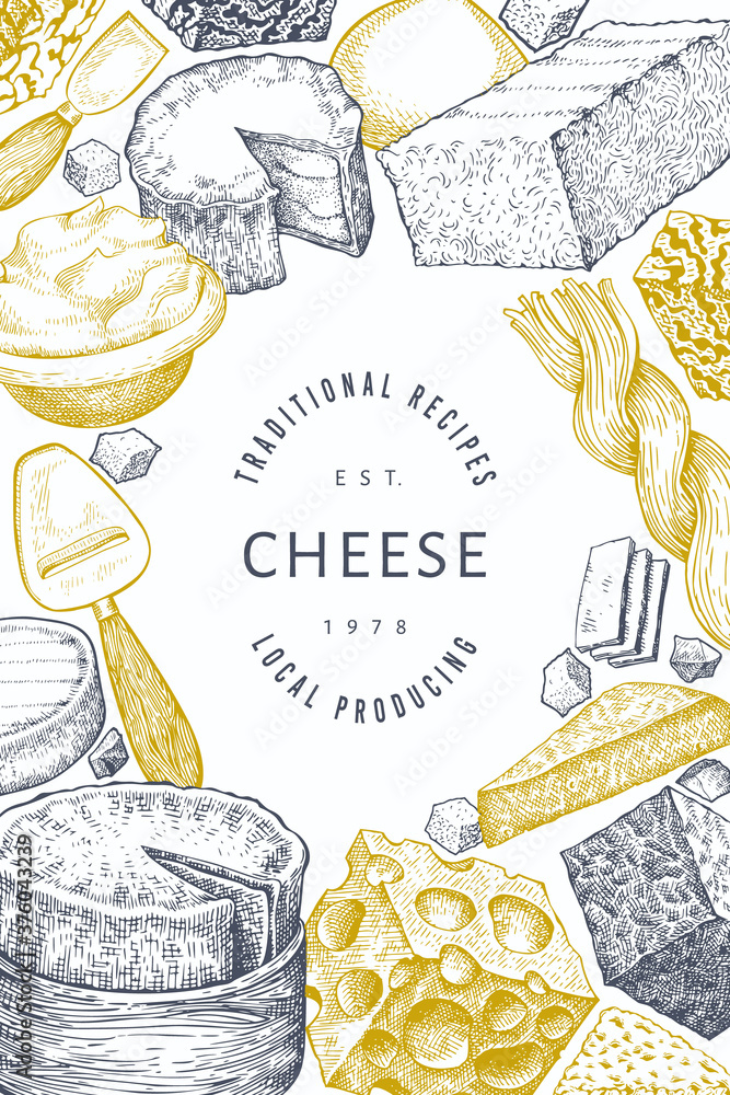 Cheese design template. Hand drawn vector dairy illustration. Engraved ...