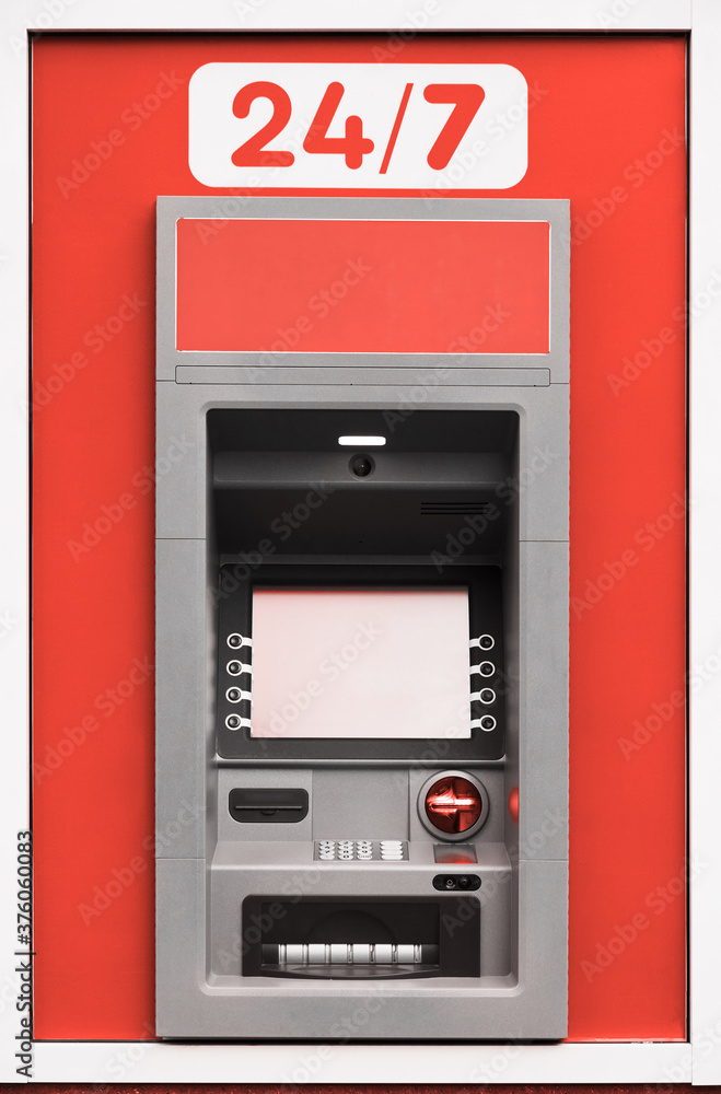 ATM machine, photo of one object in detail as a background, red color ...