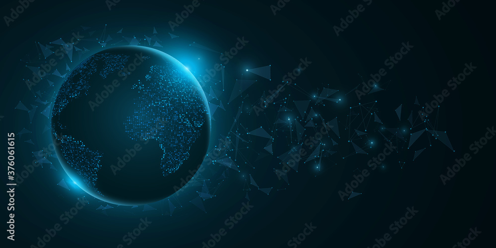 Futuristic planet Earth with triangle elements on a dark blue ...