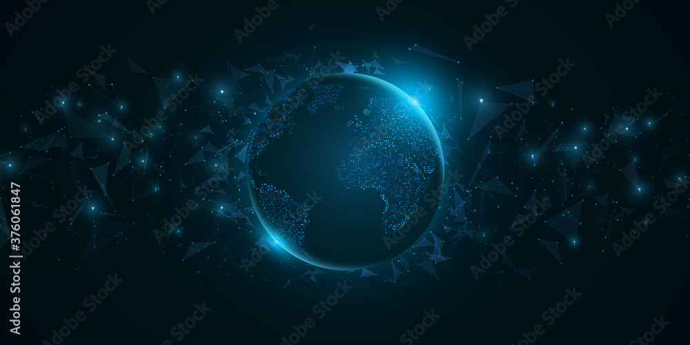 Futuristic planet Earth with triangle elements on a dark blue ...