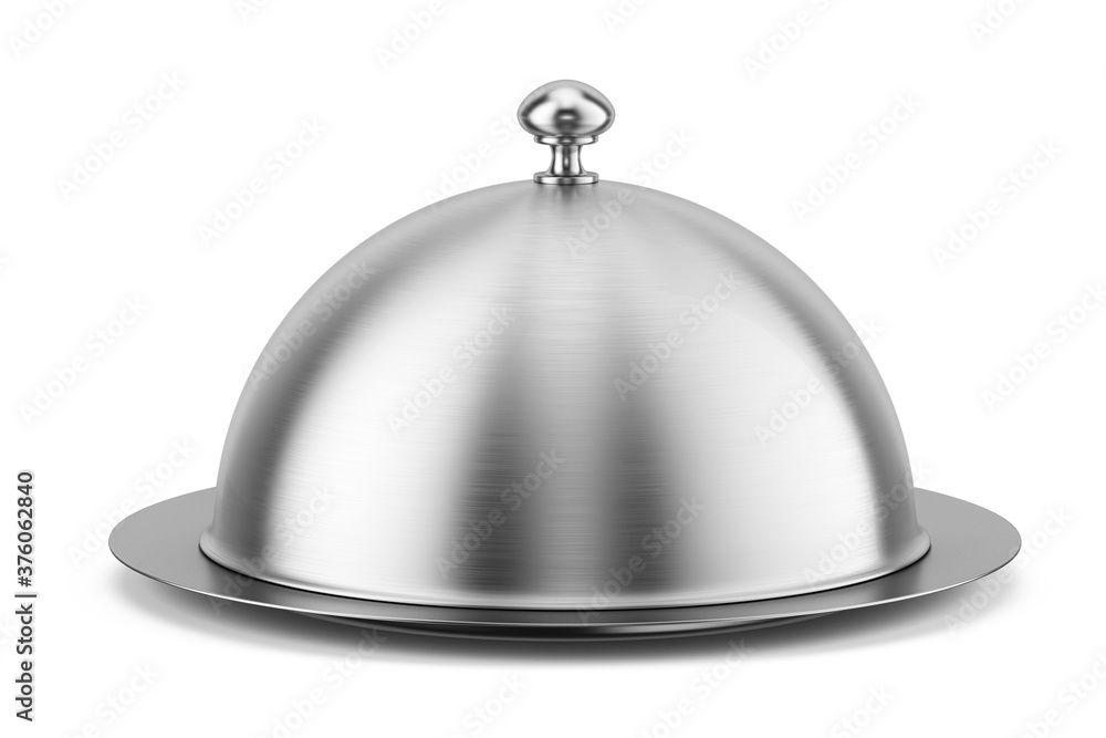 Closed silver steel serving Cloche isolated on a white background. 3d ...