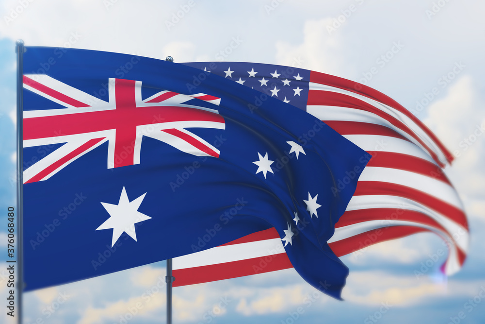 Waving American flag and flag of Australia. Closeup view, 3D ...