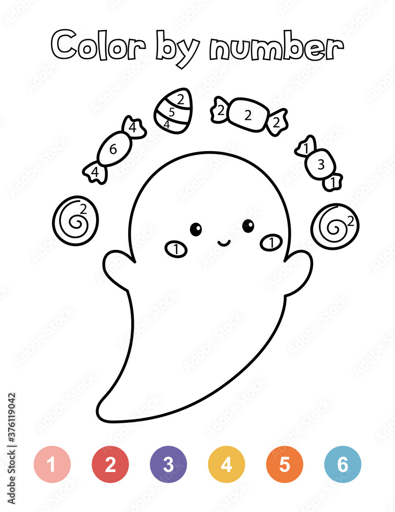 Color by number for preschool kids. Cute cartoon ghost with candies ...