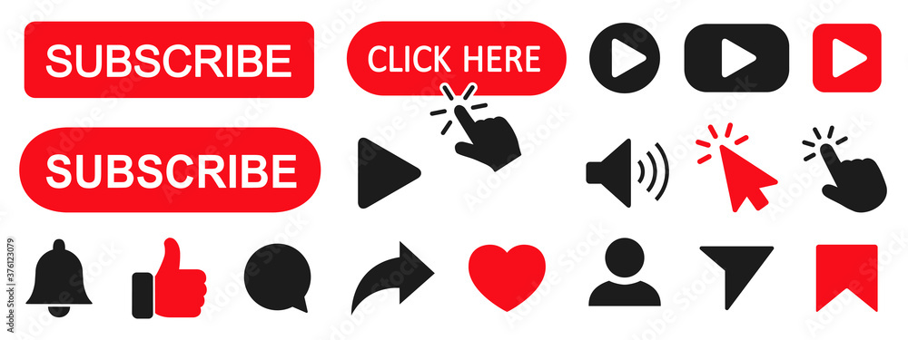 Vetor de Set subscribe button icons: cursor, bell, like, comment, share sign for channel, blog ...