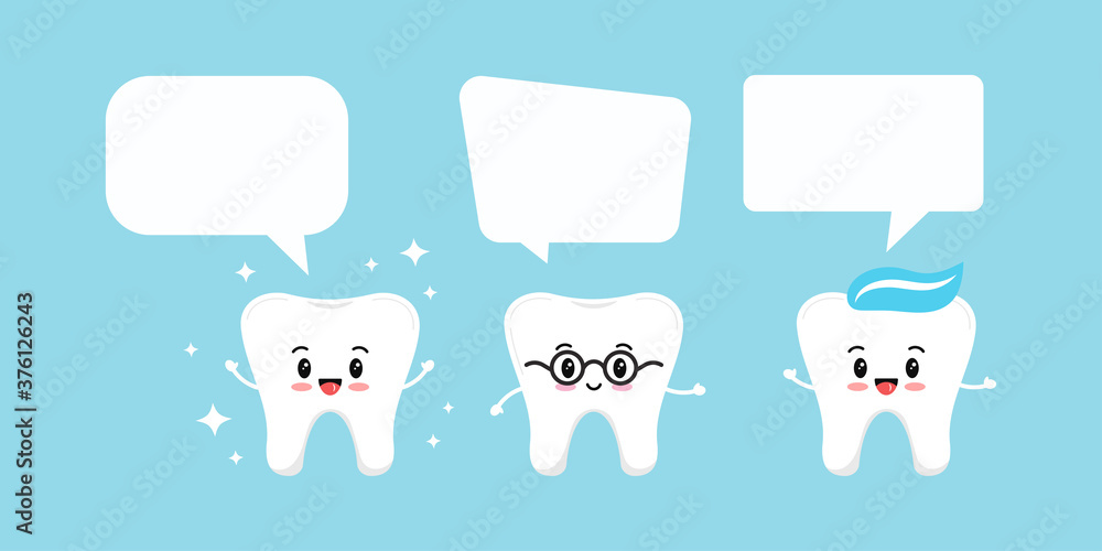 Happy tooth icon set with speach bubbles isolated on blue background ...