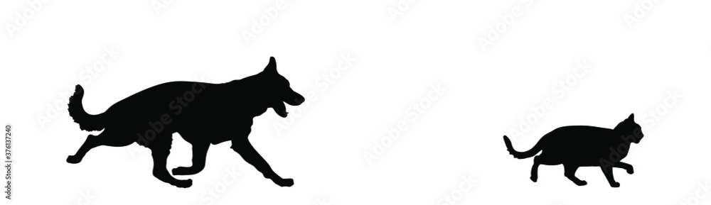 Dog chases cat vector silhouette illustration isolated on white ...