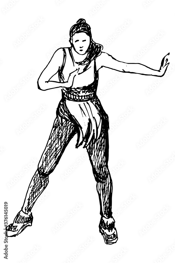 Girl in clothes dancing modern dance. Rough linear sketch. Black on ...