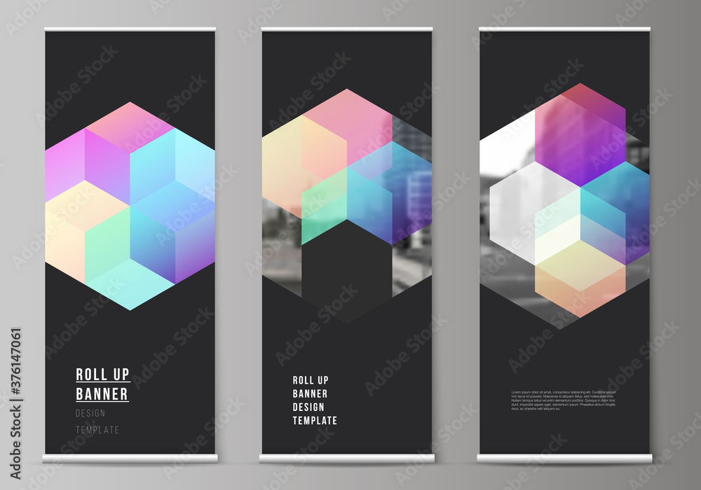 Vector layout of roll up mockup design templates with colorful hexagons ...
