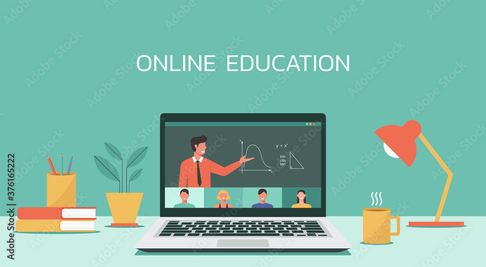 E-learning, online education, online class concept, home school, man ...
