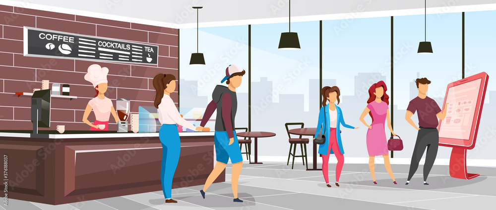 Cafeteria flat color vector illustration. Coffee shop customers ...