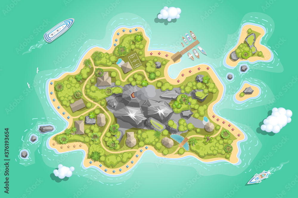 Island top view. Summer vacation. Time to travel - sun, sea, island ...