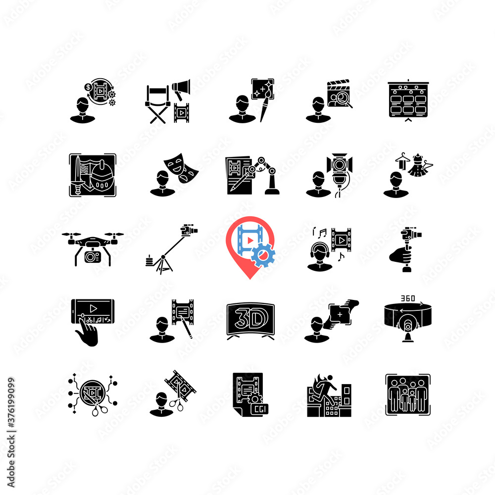 Film making process and staff black glyph icons set on white space. Art ...