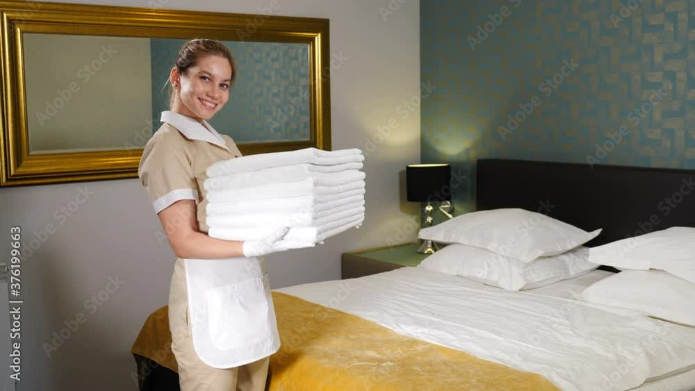 Cheerful female housekeeper holding stack of clean towels, laundry ...