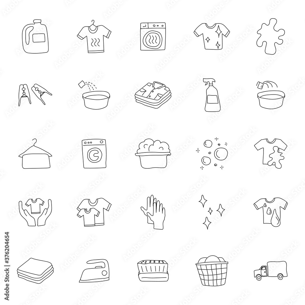 laundry hand drawn linear doodles isolated on white background.laundry ...