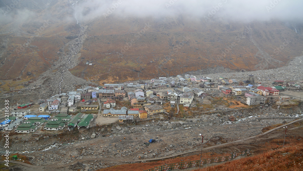 Kedarnath temple aerial view after Kedarnath Disaster 2013. Heavy loss ...
