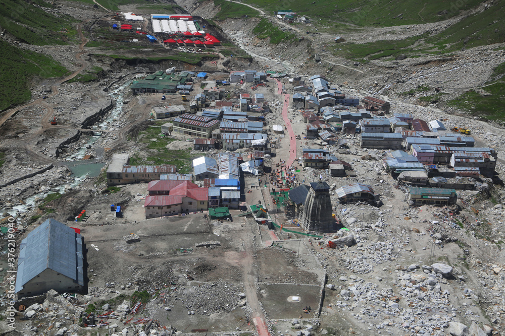 Kedarnath temple aerial view after Kedarnath Disaster 2013. Heavy loss ...