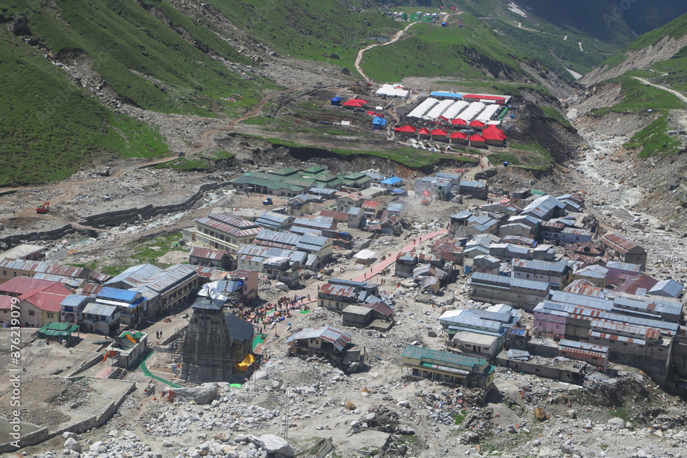 Kedarnath temple aerial view after Kedarnath Disaster 2013. Heavy loss ...