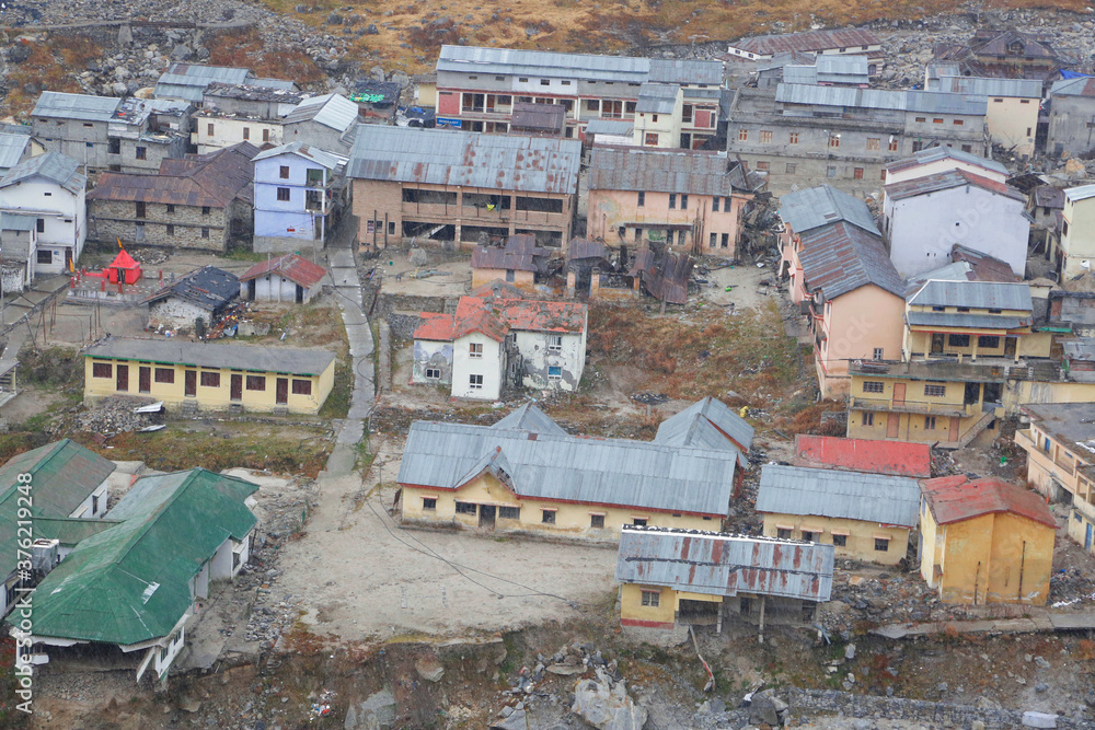 Kedarnath temple aerial view after Kedarnath Disaster 2013. Heavy loss ...