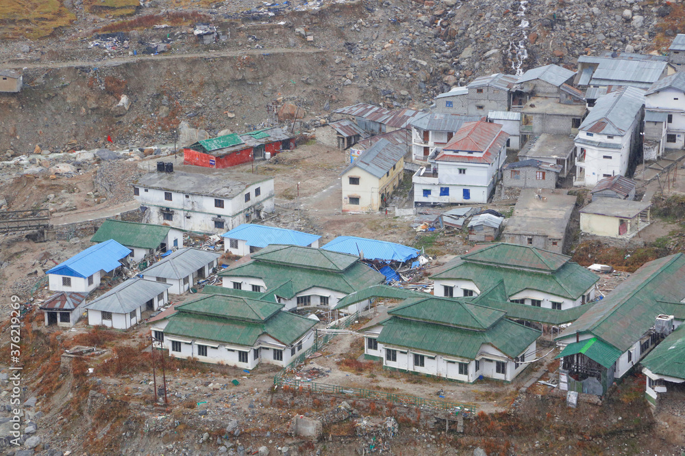 Kedarnath temple aerial view after Kedarnath Disaster 2013. Heavy loss ...