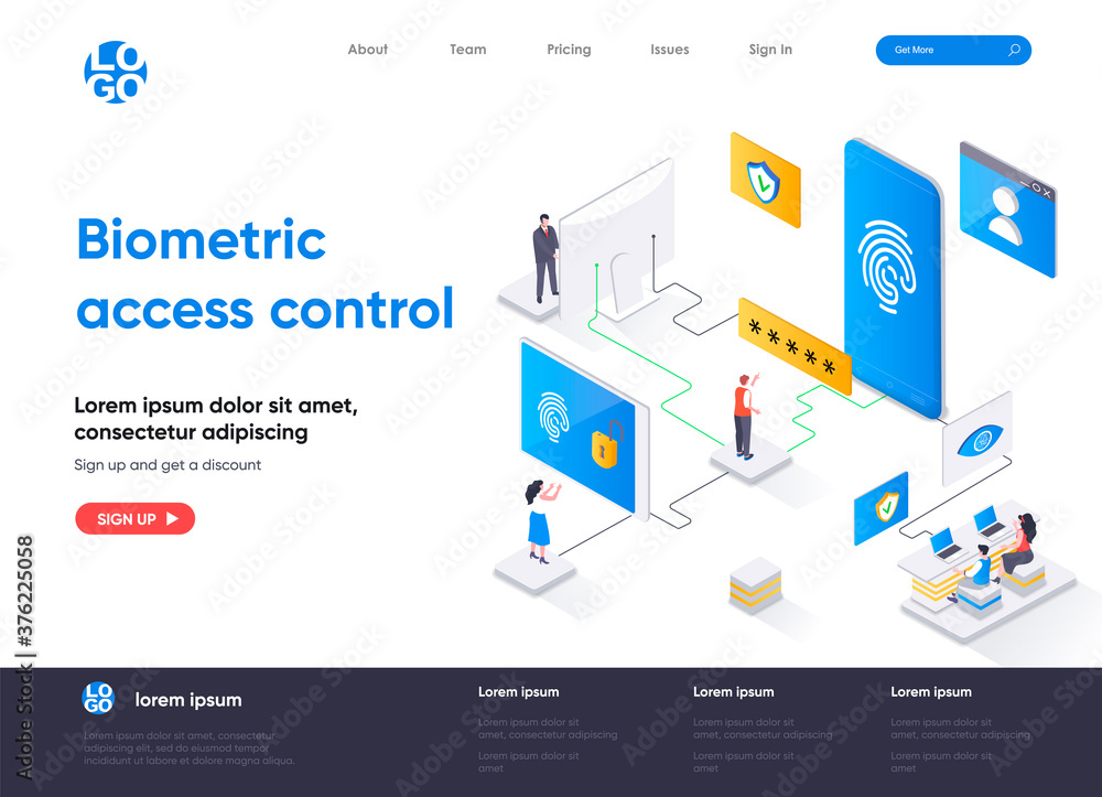 Biometric access control isometric landing page design. Fingerprint scan provides security ...