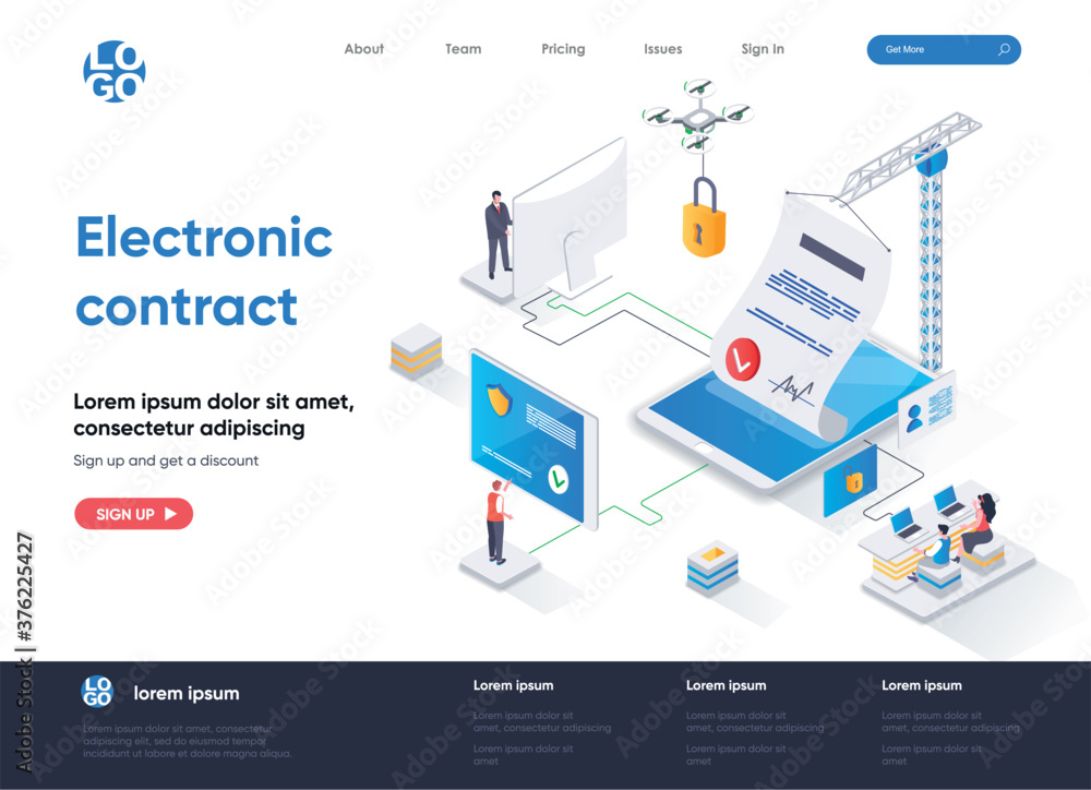 Electronic contract isometric landing page design. Online sign contract ...