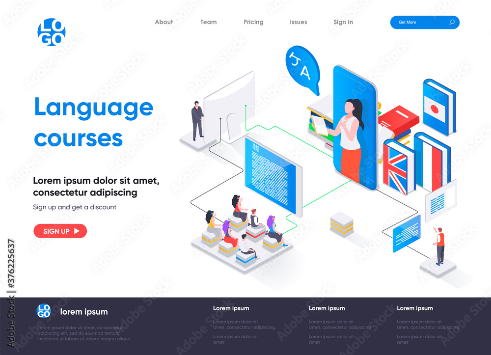 Language courses isometric landing page. Online language tutors ...