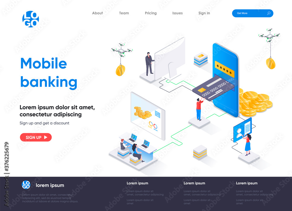 Mobile banking isometric landing page. Smart finance app, money ...