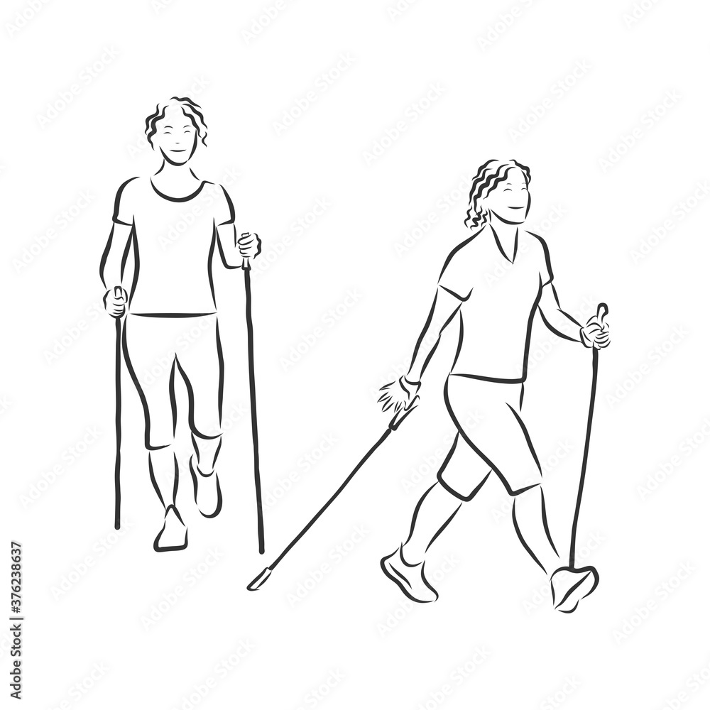 Continuous line drawing. A young woman walks on foot with walking ...