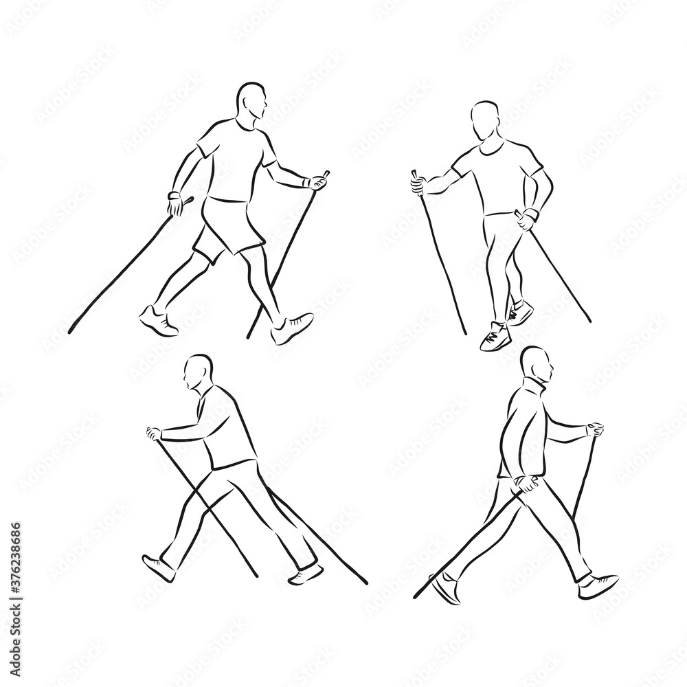 Continuous line drawing. A young woman walks on foot with walking ...