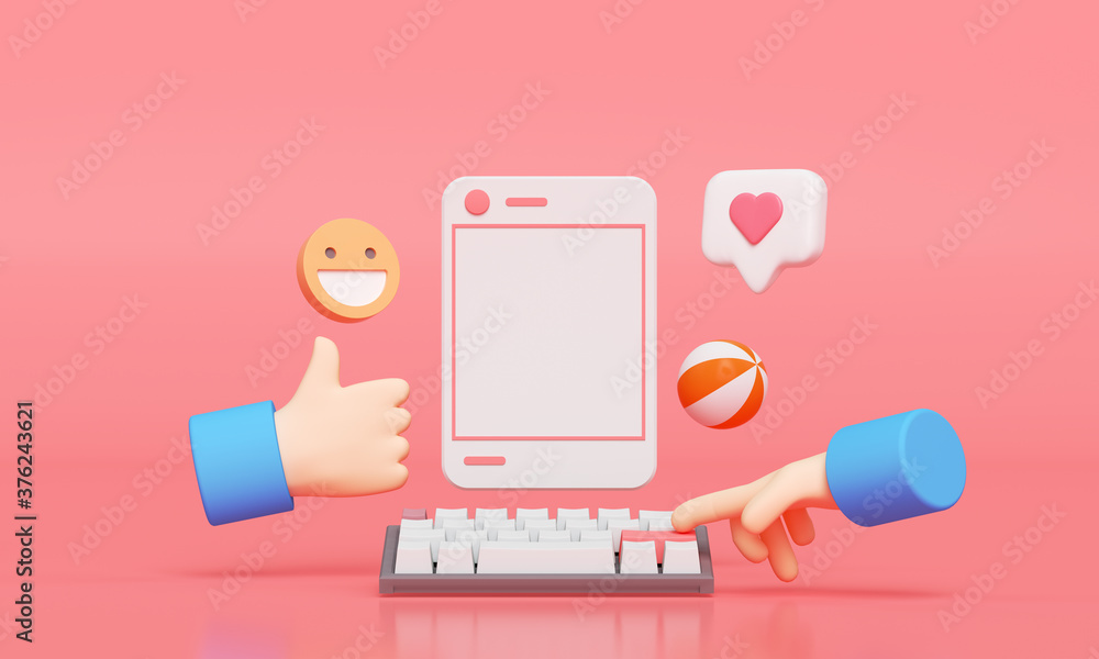 Social Media with photo frame, like button and cartoon hand on pink ...