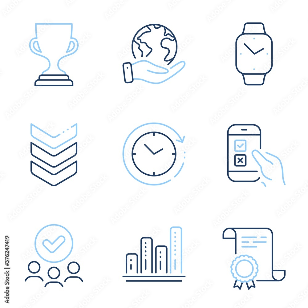 Mobile survey, Graph chart and Time change line icons set. Diploma ...