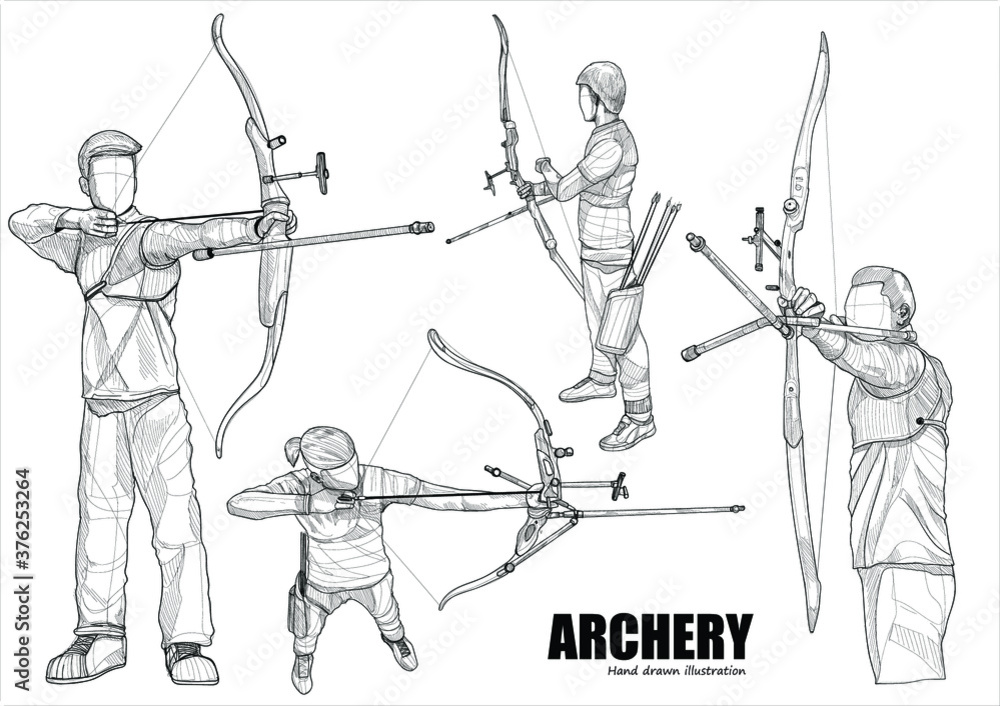 hand draw illustration set of male athlete practicing archery on white ...