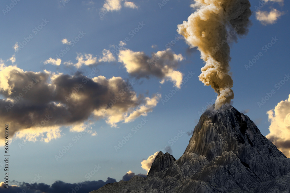 stratovolcano blast eruption with huge smoke pillar and flames on ...