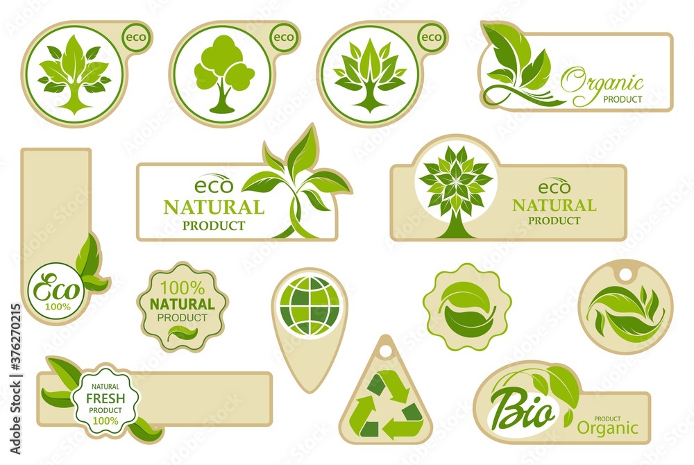 Ecology icons. Collection of logos with leaves and trees. Bio, organic ...